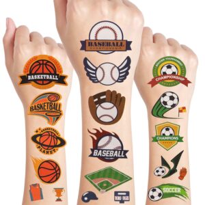 cleverplay 24 sheets waterproof temporary tattoos, sports themed party favors, birthday decorations, football soccer baseball basketball