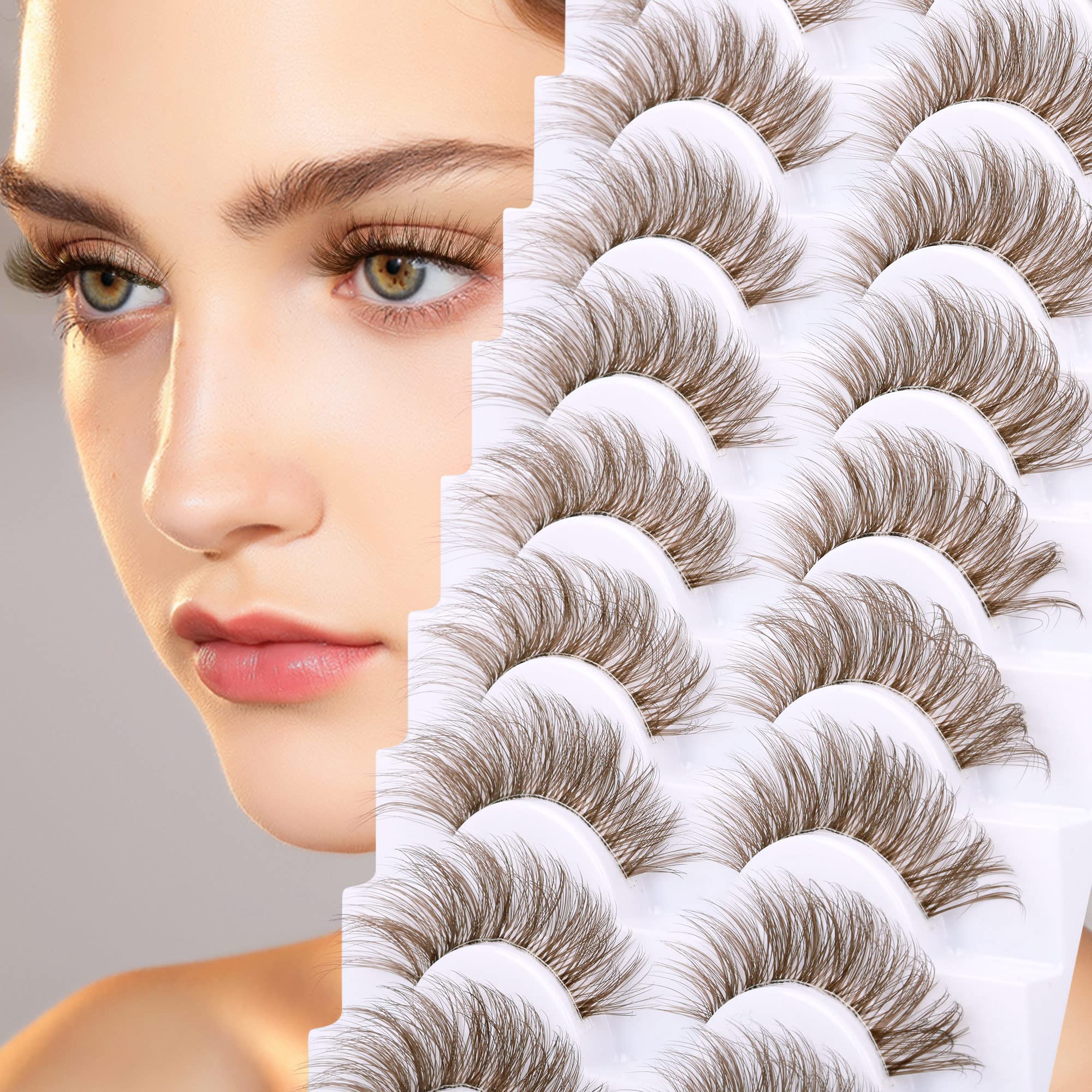 Brown Lashes Fluffy Wispy Colored False Eyelashes Natural Look D Curl Mink Eyelashes with Clear bands 10 Pairs Pack by Pleell