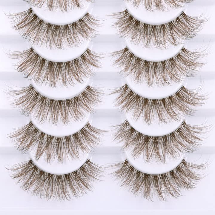 Brown Lashes Fluffy Wispy Colored False Eyelashes Natural Look D Curl Mink Eyelashes with Clear bands 10 Pairs Pack by Pleell