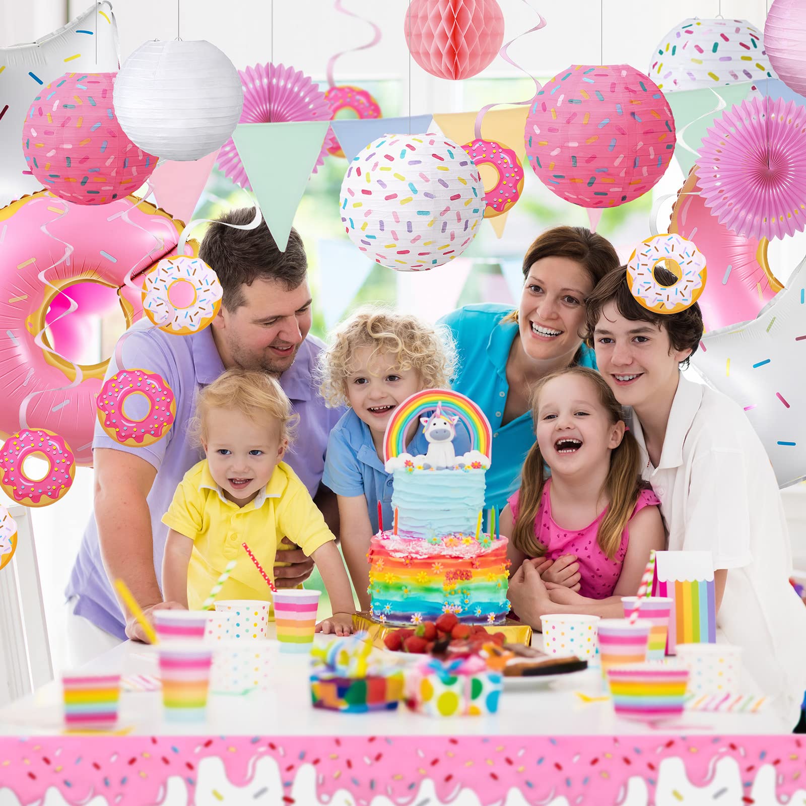 24 Pcs Donut Birthday Party Decorations, Donut Theme Table Cover, 8 Donut Paper Lanterns, Honeycomb Ball, 2 Party Paper Fans, 10 Donut Hanging Swirl, 4 Donut Balloons Garland for Baby Shower Party