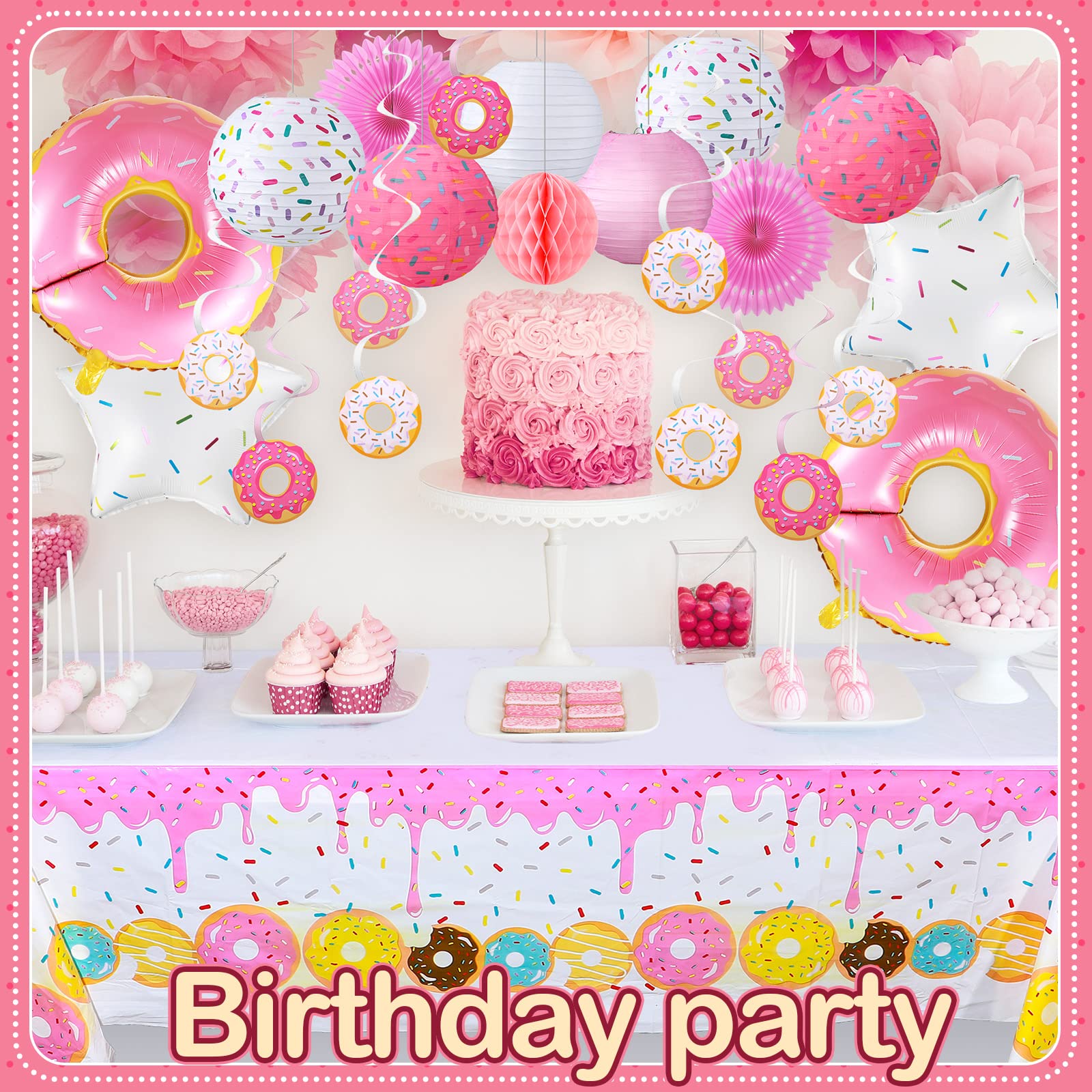 24 Pcs Donut Birthday Party Decorations, Donut Theme Table Cover, 8 Donut Paper Lanterns, Honeycomb Ball, 2 Party Paper Fans, 10 Donut Hanging Swirl, 4 Donut Balloons Garland for Baby Shower Party