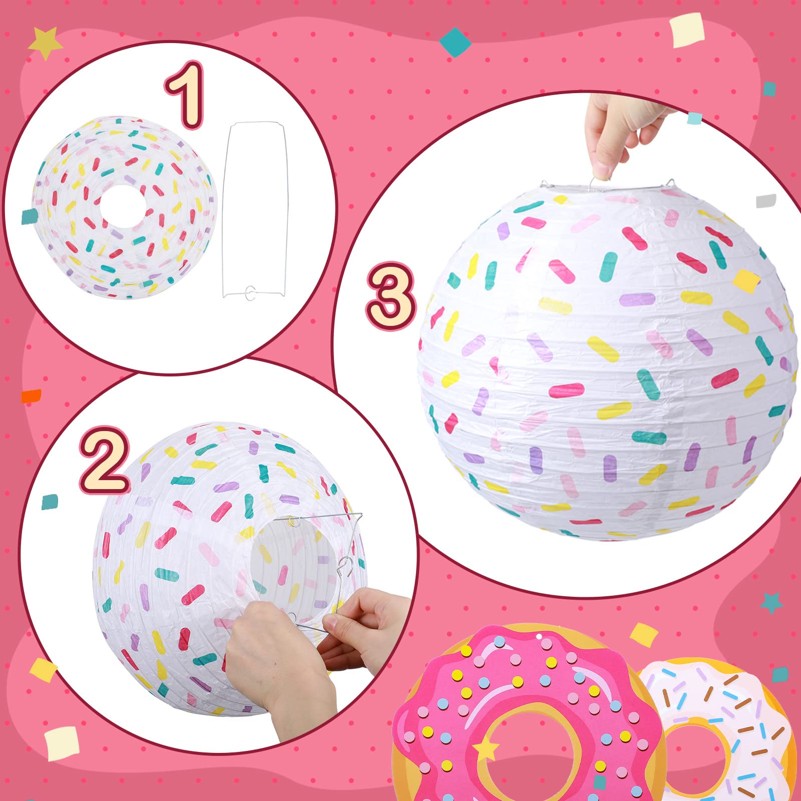 24 Pcs Donut Birthday Party Decorations, Donut Theme Table Cover, 8 Donut Paper Lanterns, Honeycomb Ball, 2 Party Paper Fans, 10 Donut Hanging Swirl, 4 Donut Balloons Garland for Baby Shower Party