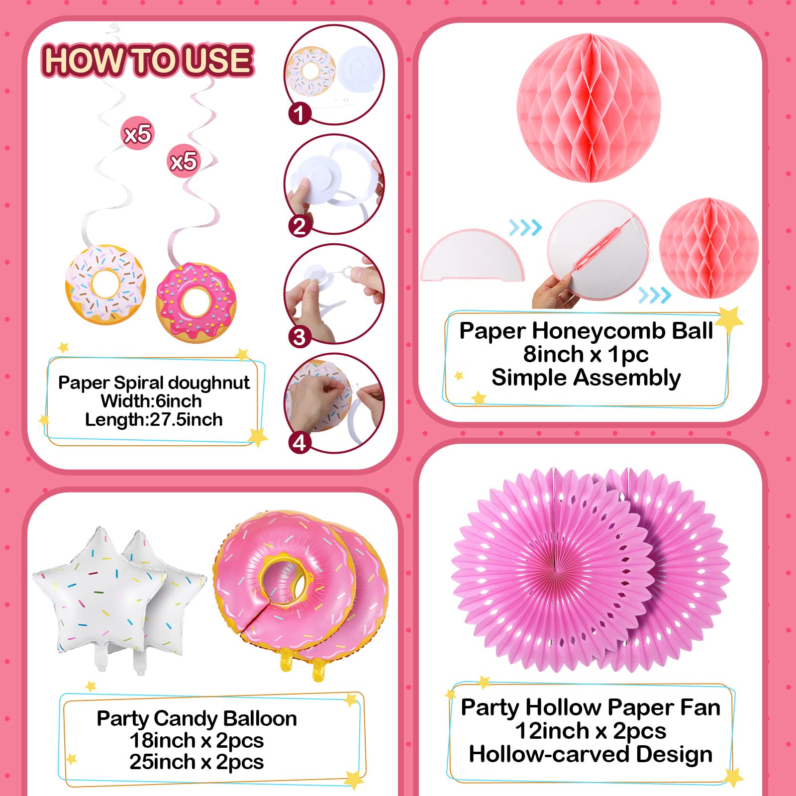 24 Pcs Donut Birthday Party Decorations, Donut Theme Table Cover, 8 Donut Paper Lanterns, Honeycomb Ball, 2 Party Paper Fans, 10 Donut Hanging Swirl, 4 Donut Balloons Garland for Baby Shower Party