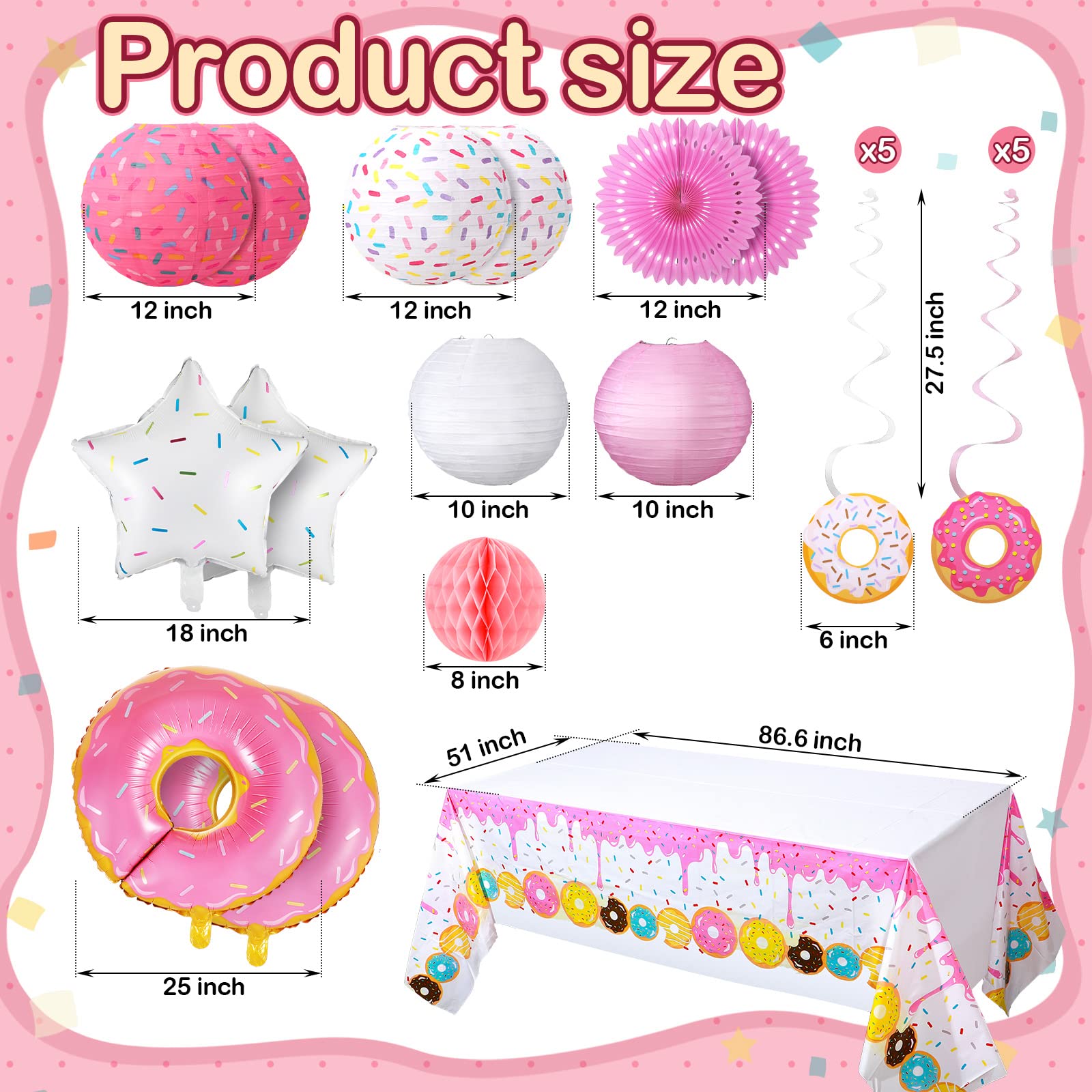 24 Pcs Donut Birthday Party Decorations, Donut Theme Table Cover, 8 Donut Paper Lanterns, Honeycomb Ball, 2 Party Paper Fans, 10 Donut Hanging Swirl, 4 Donut Balloons Garland for Baby Shower Party