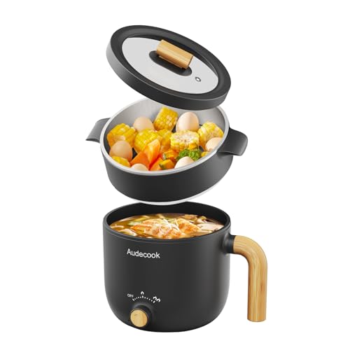 Audecook Hot Pot Electric with Steamer, 1.5L Portable Nonstick Rapid Ramen Cooker, Travel Electric Skillet with Dual Power Control for Pasta/Soup/Steak/Egg/Oatmeal(Black)