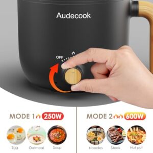 Audecook Hot Pot Electric with Steamer, 1.5L Portable Nonstick Rapid Ramen Cooker, Travel Electric Skillet with Dual Power Control for Pasta/Soup/Steak/Egg/Oatmeal(Black)