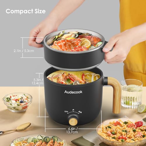 Audecook Hot Pot Electric with Steamer, 1.5L Portable Nonstick Rapid Ramen Cooker, Travel Electric Skillet with Dual Power Control for Pasta/Soup/Steak/Egg/Oatmeal(Black)