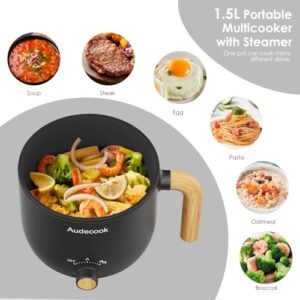 Audecook Hot Pot Electric with Steamer, 1.5L Portable Nonstick Rapid Ramen Cooker, Travel Electric Skillet with Dual Power Control for Pasta/Soup/Steak/Egg/Oatmeal(Black)