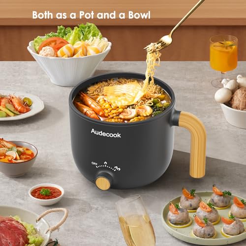 Audecook Hot Pot Electric with Steamer, 1.5L Portable Nonstick Rapid Ramen Cooker, Travel Electric Skillet with Dual Power Control for Pasta/Soup/Steak/Egg/Oatmeal(Black)