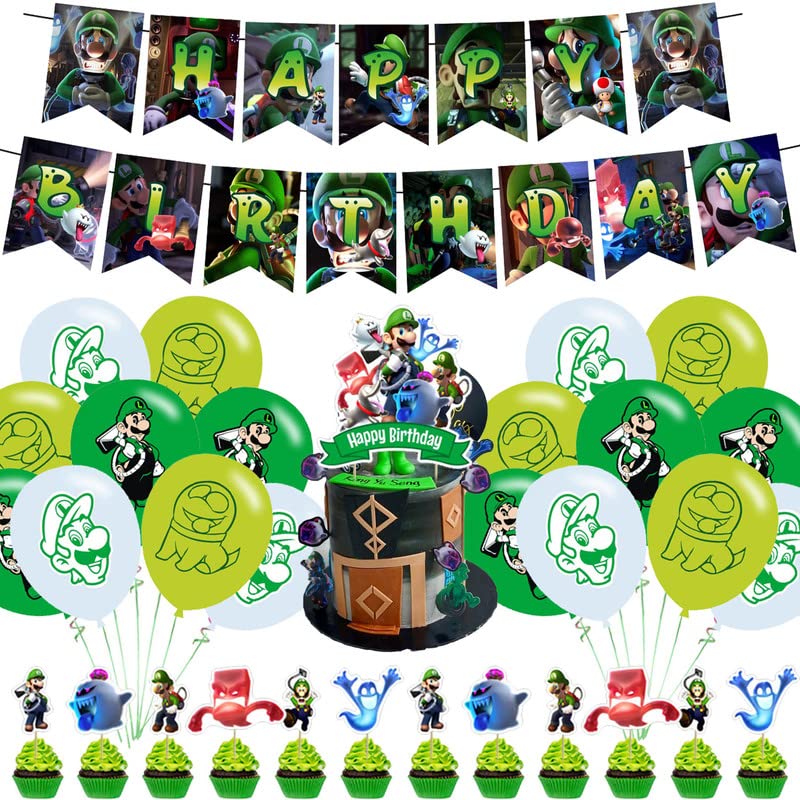 Luigi Mansion Birthday Party Decorations, Halloween Horror Theme Party Supplies with Happy Birthday Banner, Cake Toppers, Balloons for Kids Adults Party Favors