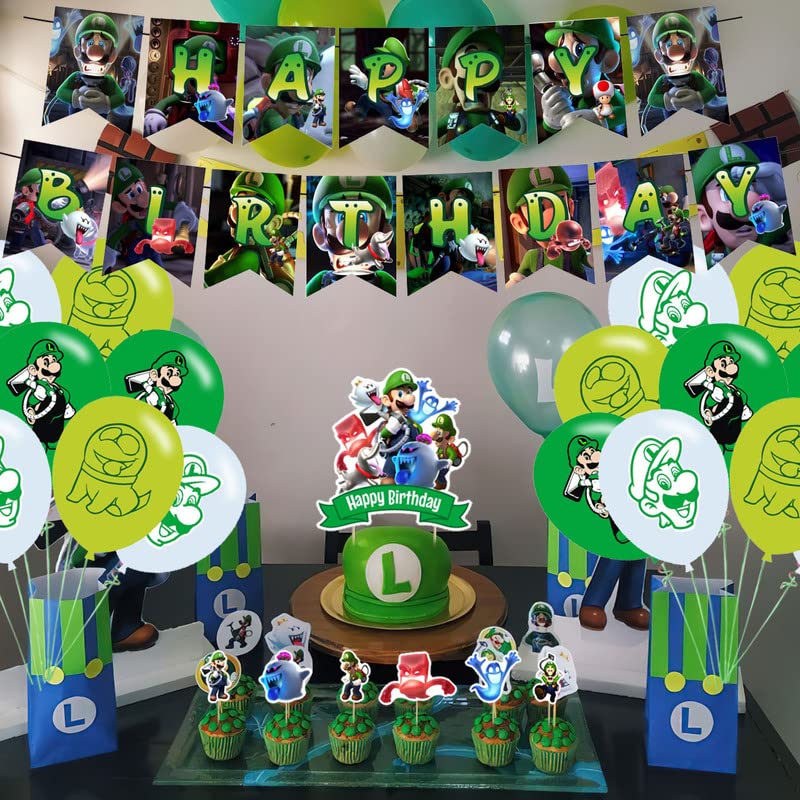 Luigi Mansion Birthday Party Decorations, Halloween Horror Theme Party Supplies with Happy Birthday Banner, Cake Toppers, Balloons for Kids Adults Party Favors