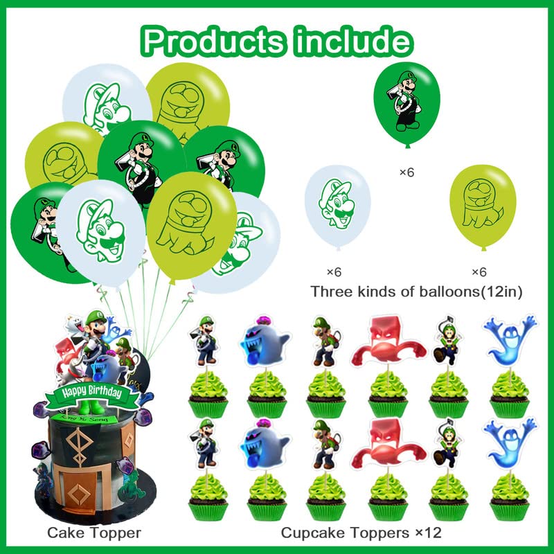 Luigi Mansion Birthday Party Decorations, Halloween Horror Theme Party Supplies with Happy Birthday Banner, Cake Toppers, Balloons for Kids Adults Party Favors