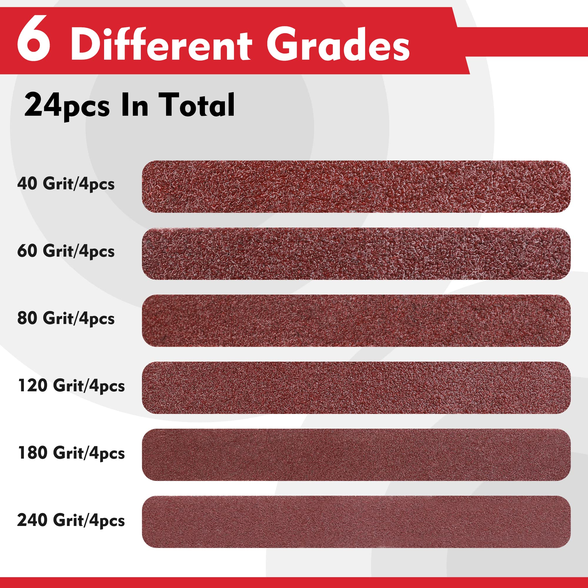 WORKPRO 24 Pack 1/2 x 18 Inch Sanding Belts, Aluminum Oxide Abrasive Belts, 4 Each of 40/60/80/120/180/240 Grits, Belt Sander Tool for Woodworking, Metal Polishing, Red