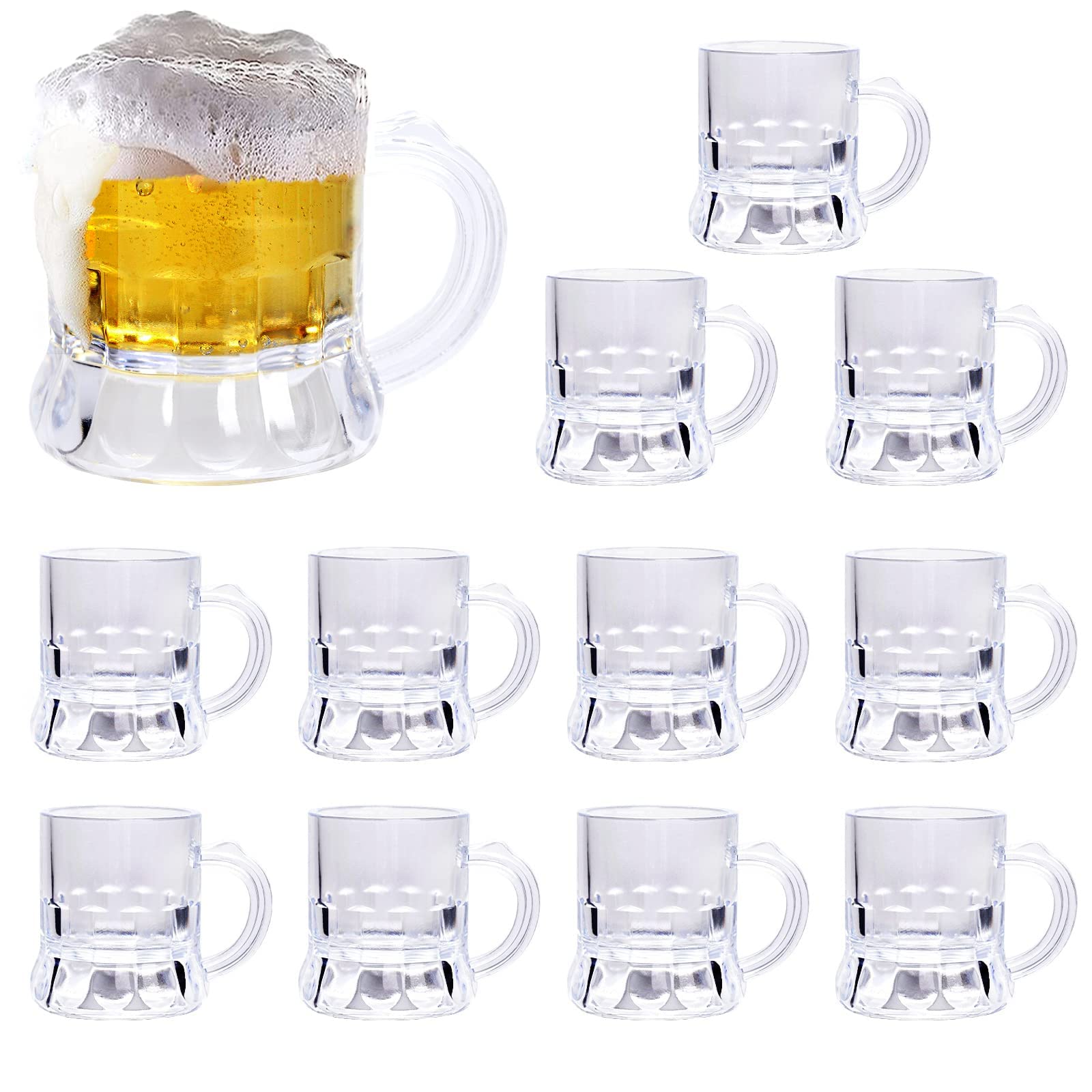 YAXINRUI Mini Beer Mug Shot Glasses, 1 oz Beer Shot Glasses Plastic Beer Mug Shot Beer Tasting Glasses for Beer Fest, Birthday Weddings Party Supplies, BBQ and Picnics (1.75'' Tall, 12 Pieces)