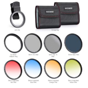 NEEWER 58 mm Lens Filter Kit with Mobile Phone Lens Clip, CPL, ND32, 6 Point Star Filter, Graduated Filter (4 Colours), Compatible with iPhone 15 14 Pro Max 13 12 11 & Canon Nikon Sony Cameras