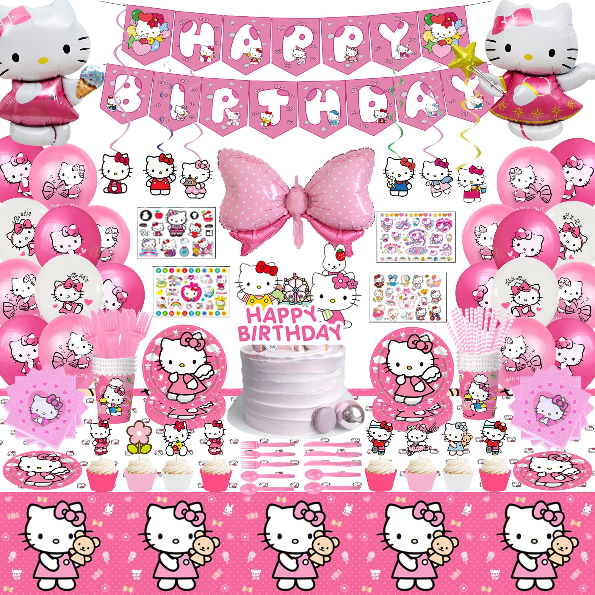 Kitty Birthday Party Supplies, 200 Pcs Cute Kitten Party Favor Pink Party Decorations includes Cake Topper, Tableware, Kitten Foils Balloons, Tattoos Stickers, Hanging Swirl