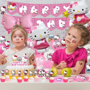 Kitty Birthday Party Supplies, 200 Pcs Cute Kitten Party Favor Pink Party Decorations includes Cake Topper, Tableware, Kitten Foils Balloons, Tattoos Stickers, Hanging Swirl