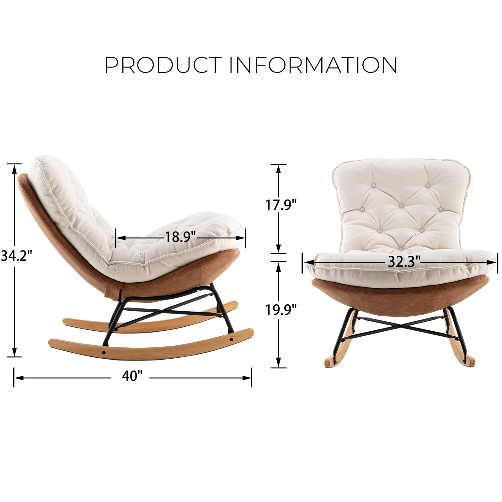 LZAREAL Rocking Boho Glider Chair for Nursery Comfy Accent Chairs for Living Room/Bedroom, Side Rocker Chair with Back Tufted Design Upholstered Fabric Padded Seat with Solid Wood Base, Linen-Cream