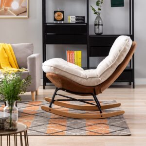 LZAREAL Rocking Boho Glider Chair for Nursery Comfy Accent Chairs for Living Room/Bedroom, Side Rocker Chair with Back Tufted Design Upholstered Fabric Padded Seat with Solid Wood Base, Linen-Cream