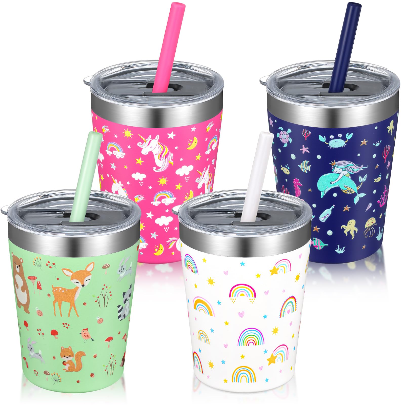 Yahenda 4 Pack Kids Straw Sippy Cups, Toddler Stainless Steel Smoothie Cups, Spill Proof Insulated Tumbler with Lid and Silicone Straw, Unicorn Mermaid Baby Water Bottle for Girls Boys Hot Drink