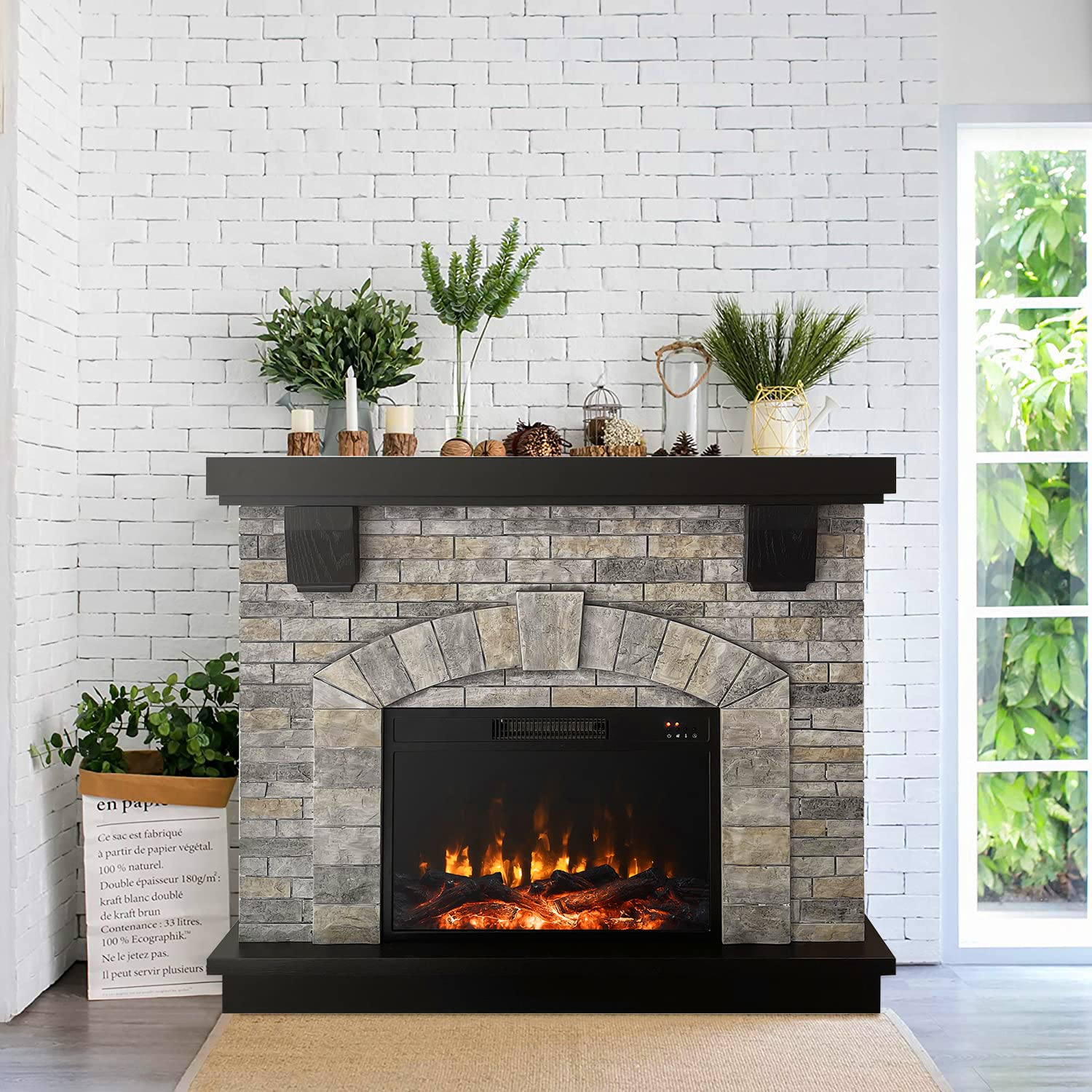 Cloud Mountain Electric Fireplace with Mantel, Tall Fire Place Heater Freestanding with Remote Control Timer LED Flame for Living Room Bedroom