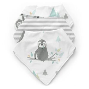 sweet jojo designs blue jungle sloth boy girl baby bandana bibs newborn infant feeding drool turquoise grey green gender neutral botanical leaf rainforest animal 3 pack set absorbent fabric bibdanas