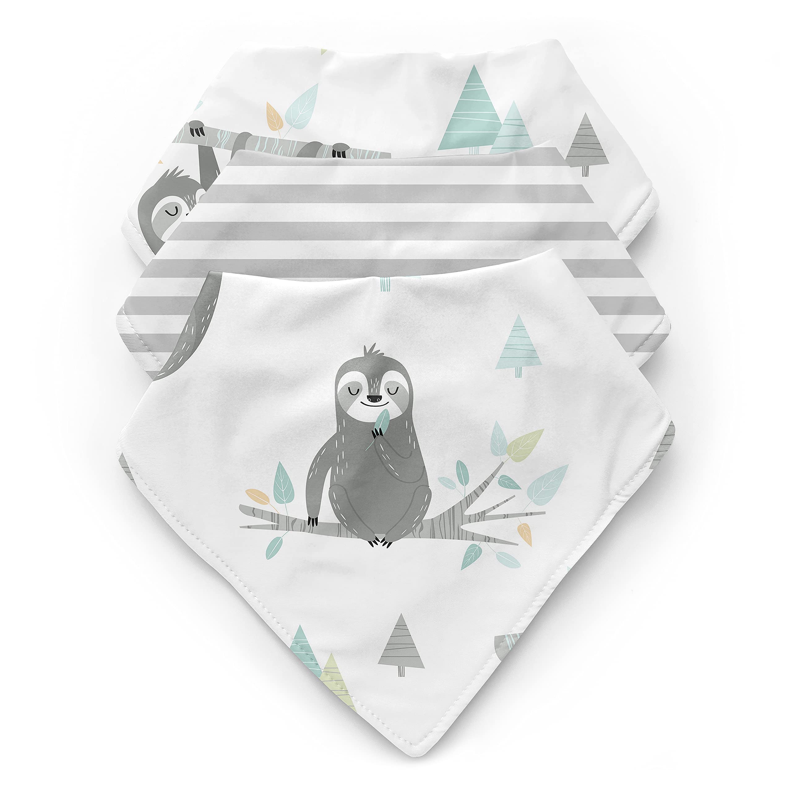 Sweet Jojo Designs Blue Jungle Sloth Boy Girl Baby Bandana Bibs Newborn Infant Feeding Drool Turquoise Grey Green Gender Neutral Botanical Leaf Rainforest Animal 3 Pack Set Absorbent Fabric Bibdanas