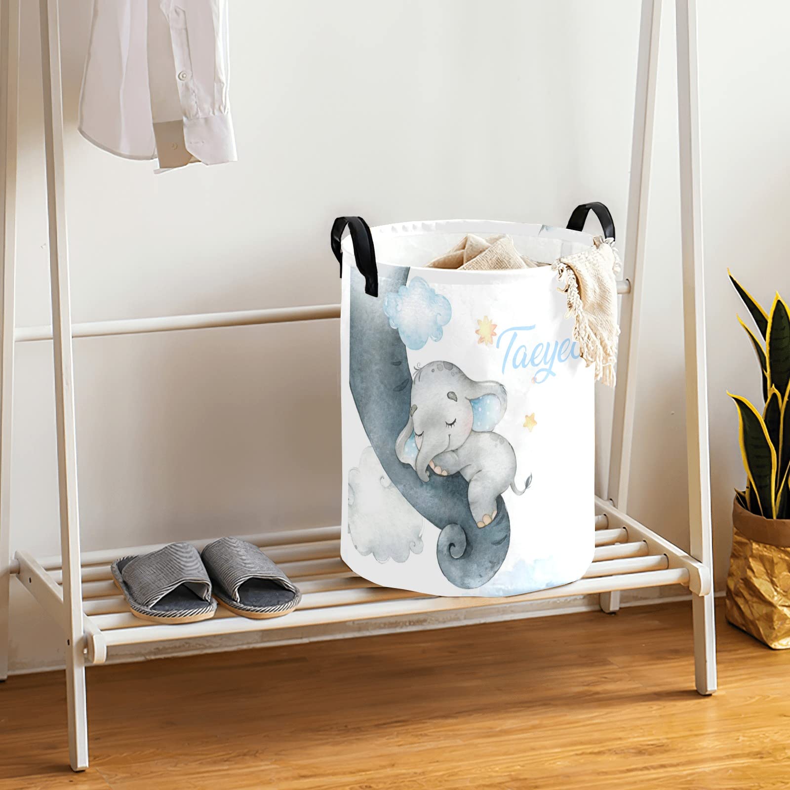 Personalized Watercolor Star Elephant Waterproof Laundry Basket Handles Collapsible Hamper Storage Basket for Office Bathroom