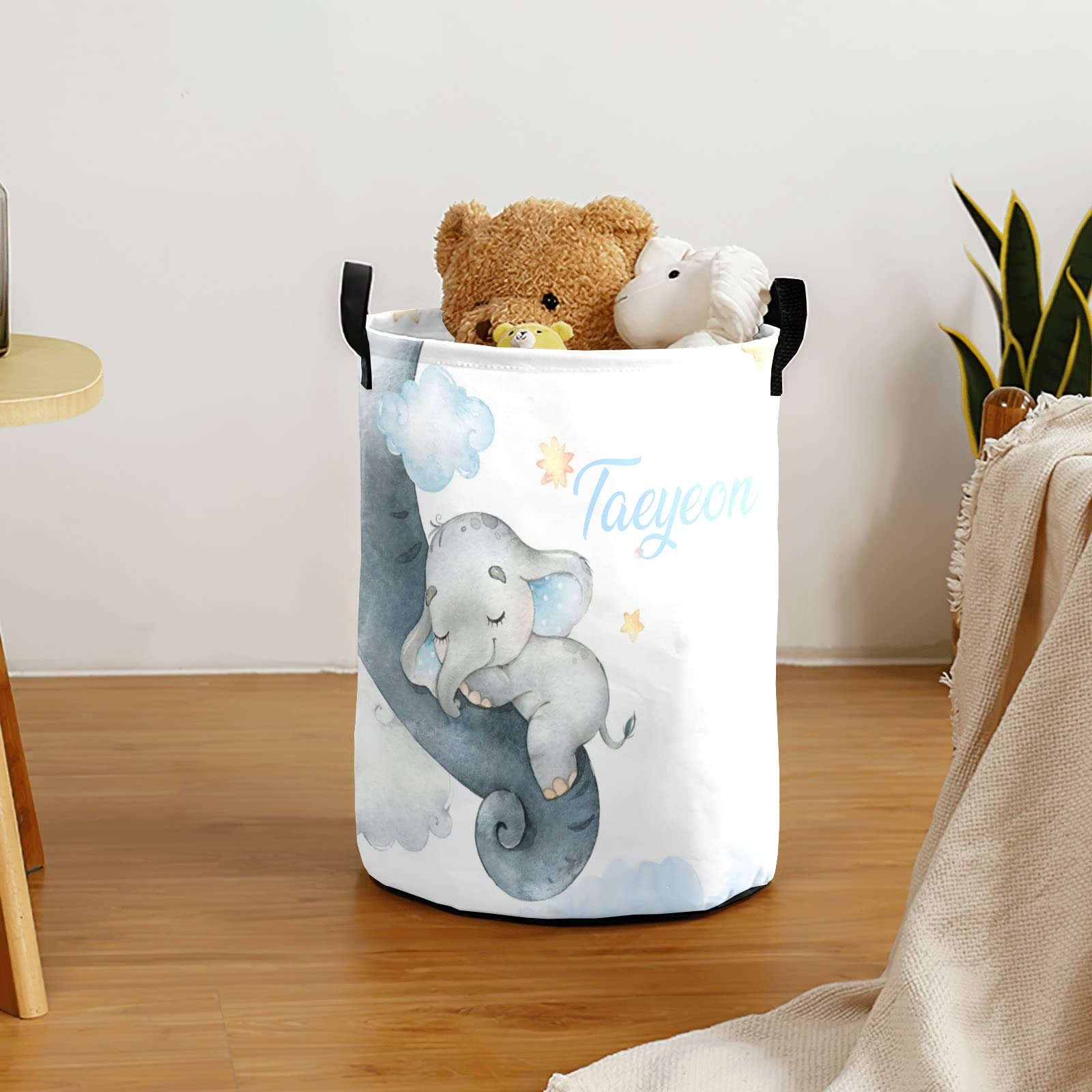 Personalized Watercolor Star Elephant Waterproof Laundry Basket Handles Collapsible Hamper Storage Basket for Office Bathroom