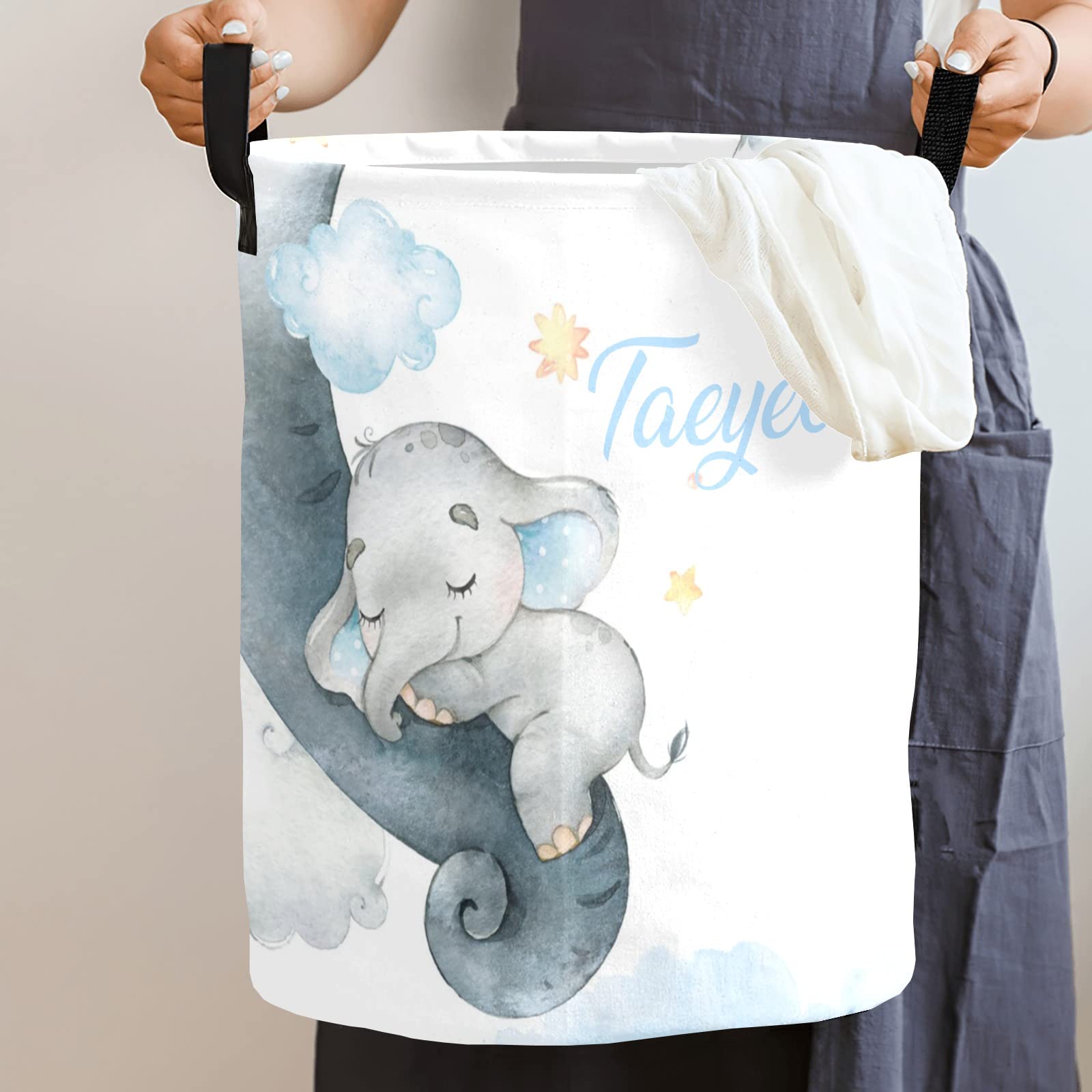 Personalized Watercolor Star Elephant Waterproof Laundry Basket Handles Collapsible Hamper Storage Basket for Office Bathroom