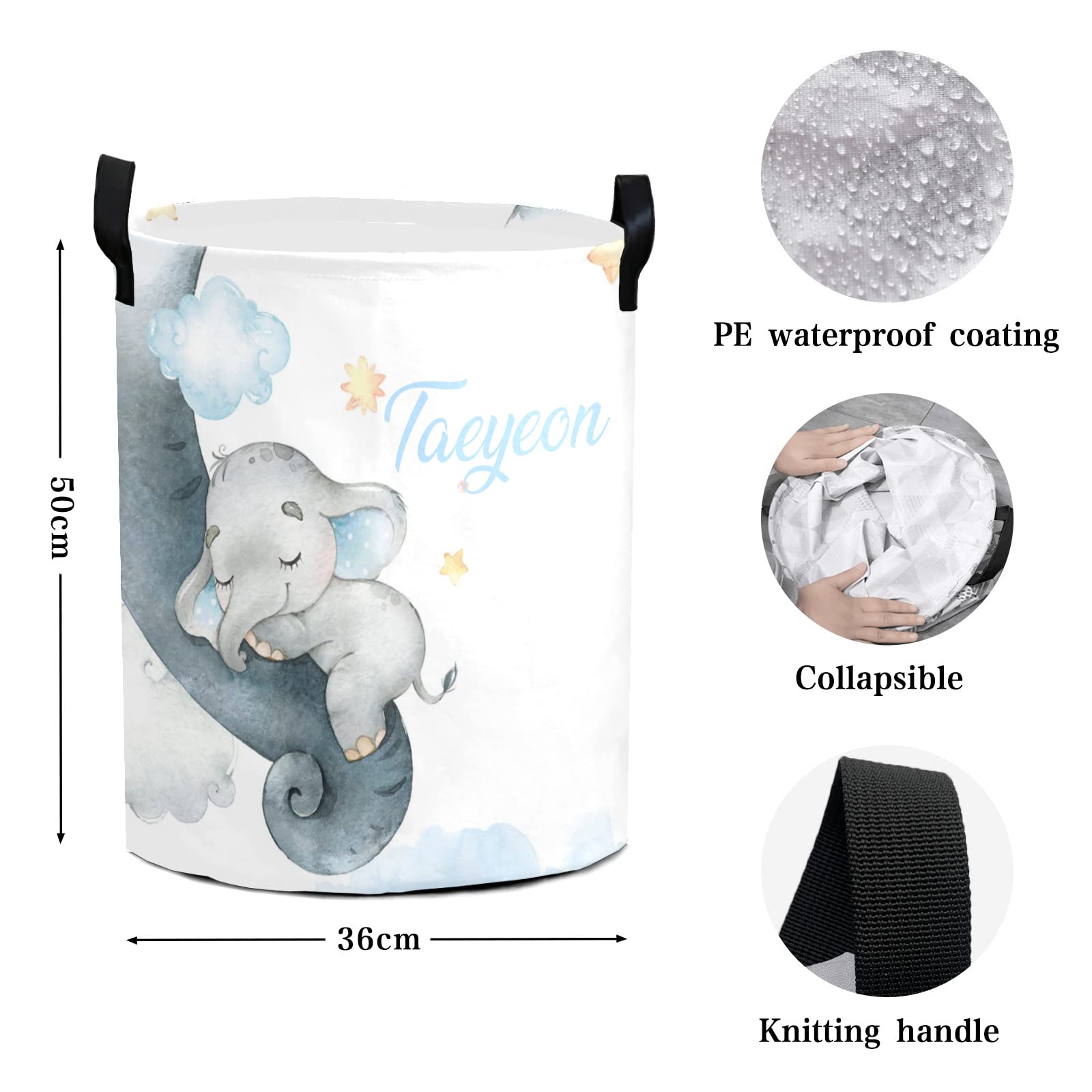 Personalized Watercolor Star Elephant Waterproof Laundry Basket Handles Collapsible Hamper Storage Basket for Office Bathroom