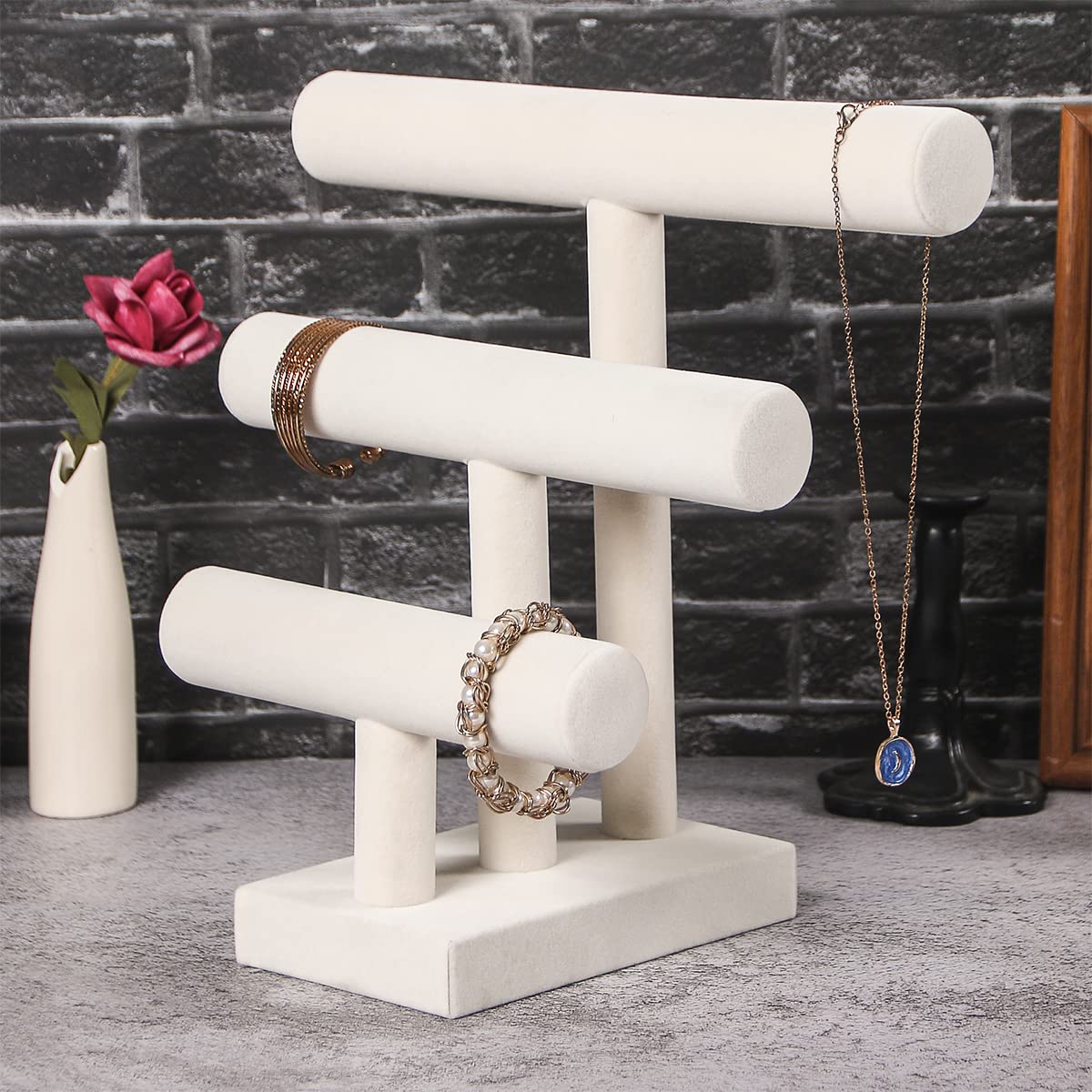 Pangkeep 3 Tier Bracelet Holder,Bracelet Displays for Selling,Beige Jewelry Display Stand for Bangles Necklaces Hair ties Scrunchies Watches