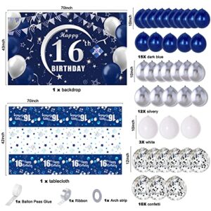 Navy Blue 16th Birthday Decorations for Boys and Girls, Happy 16th Birthday Backdrop, Tablecloth, Balloons Garland Arch Kit - 16th Birthday Banner Party Supplies Bday Decor for Sweet 16 Year Old Teen