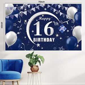 Navy Blue 16th Birthday Decorations for Boys and Girls, Happy 16th Birthday Backdrop, Tablecloth, Balloons Garland Arch Kit - 16th Birthday Banner Party Supplies Bday Decor for Sweet 16 Year Old Teen