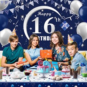 Navy Blue 16th Birthday Decorations for Boys and Girls, Happy 16th Birthday Backdrop, Tablecloth, Balloons Garland Arch Kit - 16th Birthday Banner Party Supplies Bday Decor for Sweet 16 Year Old Teen