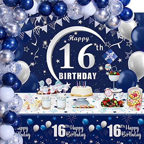 Navy Blue 16th Birthday Decorations for Boys and Girls, Happy 16th Birthday Backdrop, Tablecloth, Balloons Garland Arch Kit - 16th Birthday Banner Party Supplies Bday Decor for Sweet 16 Year Old Teen