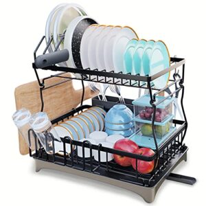 large dish drying rack with drainboard, 2 tier dish drainers with controllable drainage for kitchen counter, with pot lid holder, utensil holder, cup holder, cutting board holder and extra hooks