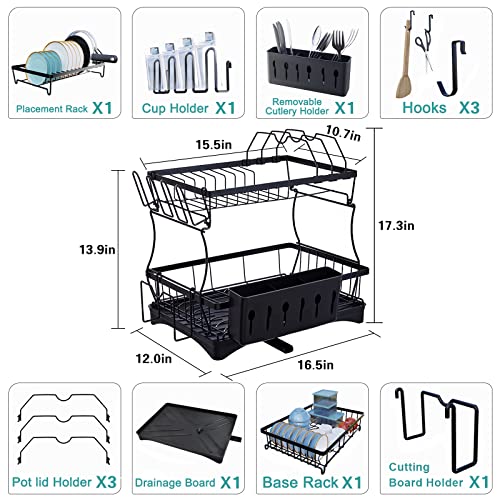 Large Dish Drying Rack with Drainboard, 2 Tier Dish Drainers with Controllable Drainage for Kitchen Counter, with Pot lid Holder, Utensil Holder, Cup Holder, Cutting Board Holder and Extra Hooks