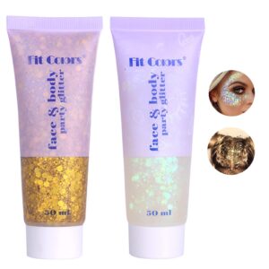 face glitter gel,body glitter gel,chunky glitter for face body hair nails eyeshadow holographic cosmetic,festival glitter makeup,50ml (#06 white + #02 gold)