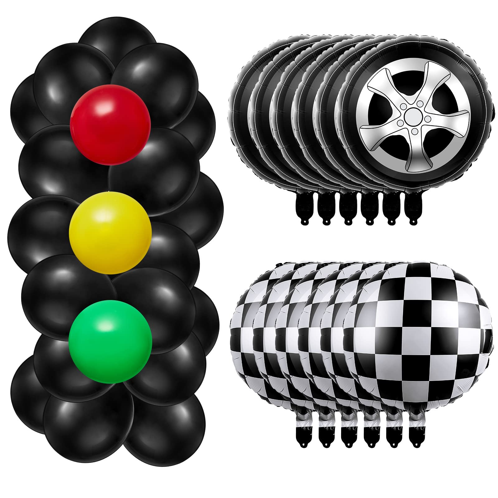 66 Pcs Car Party Decorations Inflatable Tires Traffic Light Balloons Party Supplies Include Foil Checkered Balloons, Tire Balloons, Glue, Chain, Birthday Party Decorations Fit for Boys Race Fans