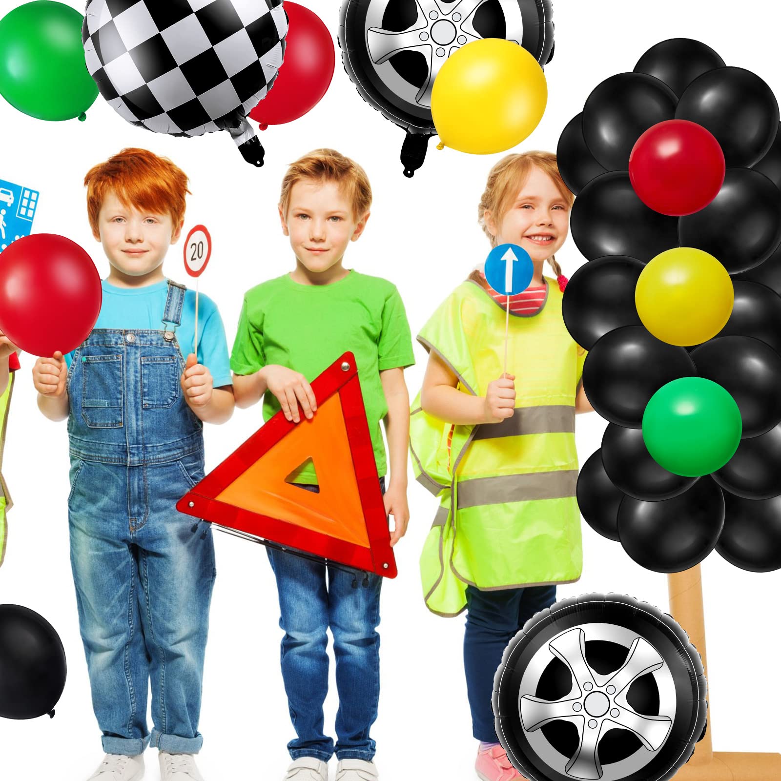 66 Pcs Car Party Decorations Inflatable Tires Traffic Light Balloons Party Supplies Include Foil Checkered Balloons, Tire Balloons, Glue, Chain, Birthday Party Decorations Fit for Boys Race Fans