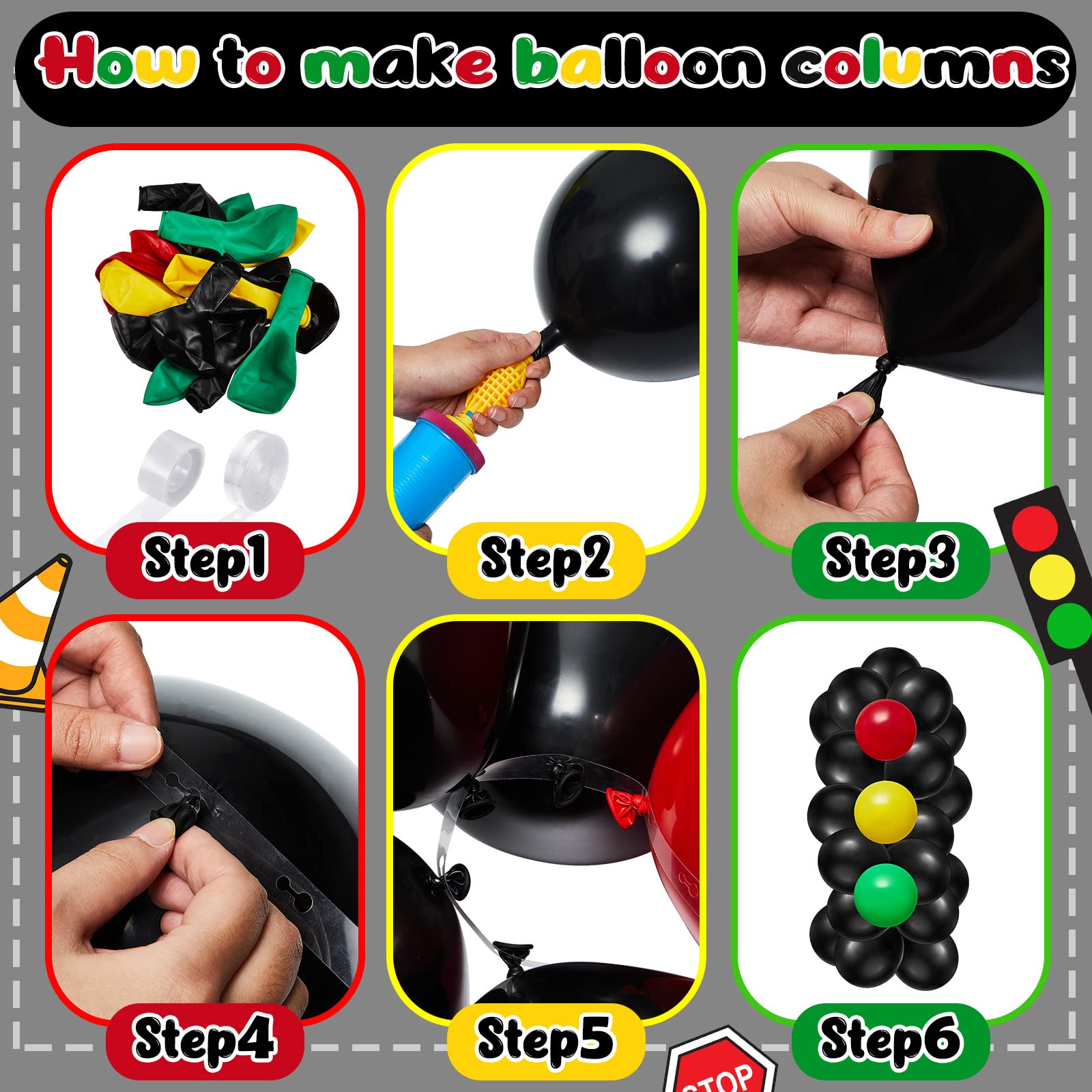 66 Pcs Car Party Decorations Inflatable Tires Traffic Light Balloons Party Supplies Include Foil Checkered Balloons, Tire Balloons, Glue, Chain, Birthday Party Decorations Fit for Boys Race Fans