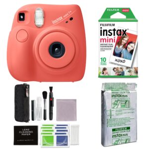 fujifilm instax mini 7+ instant camera (coral) accessory kit with instax mini film, instax mini instant film foil pack & pixel cleaning kit