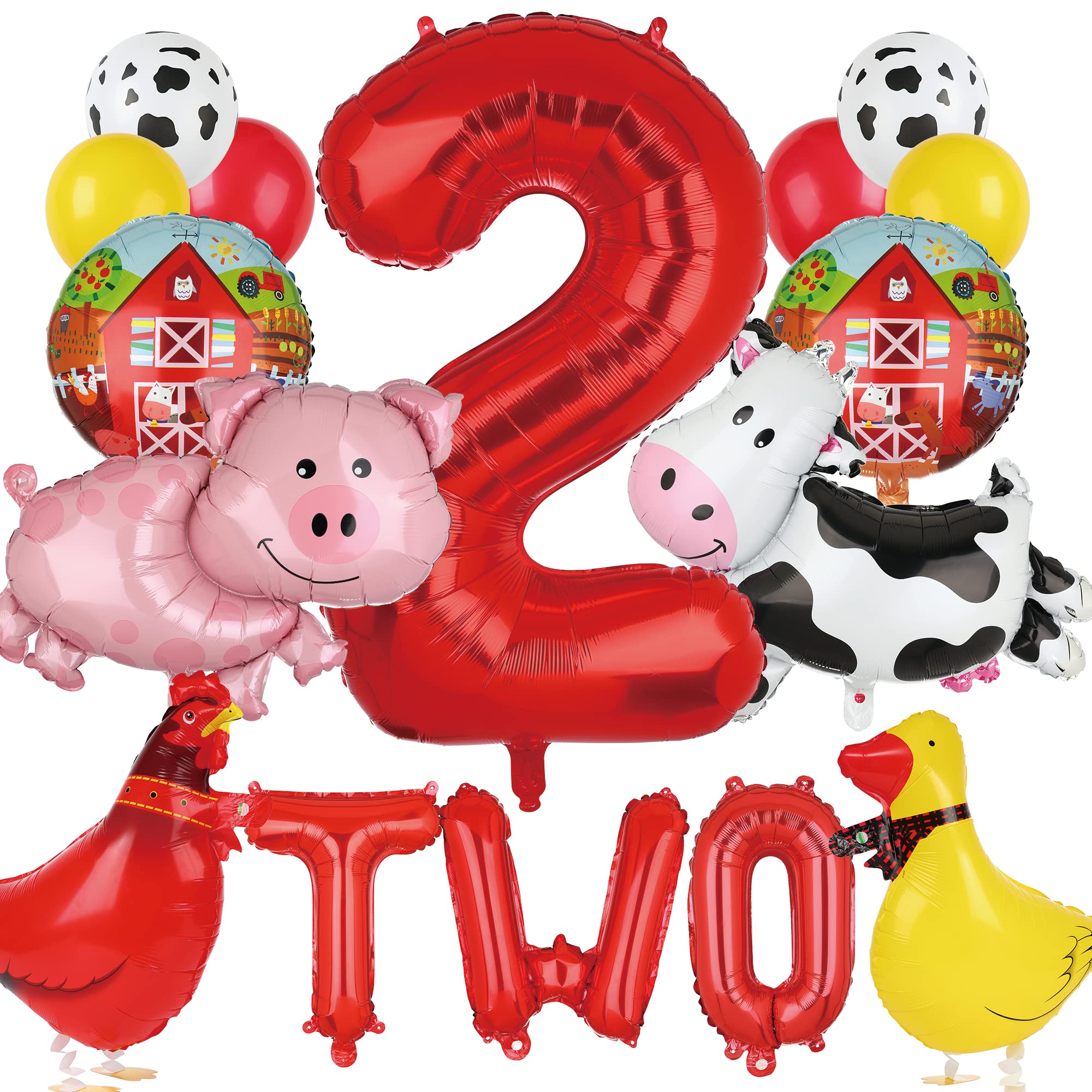 Farm Animal Balloons Cow Pig Balloon Farm Animal Theme 2nd Birthday Party Decor Supplies Walking Animal Balloons Duck Rooster Large Number 2 Balloon TWO Letter Banner Balloon 14 Pcs