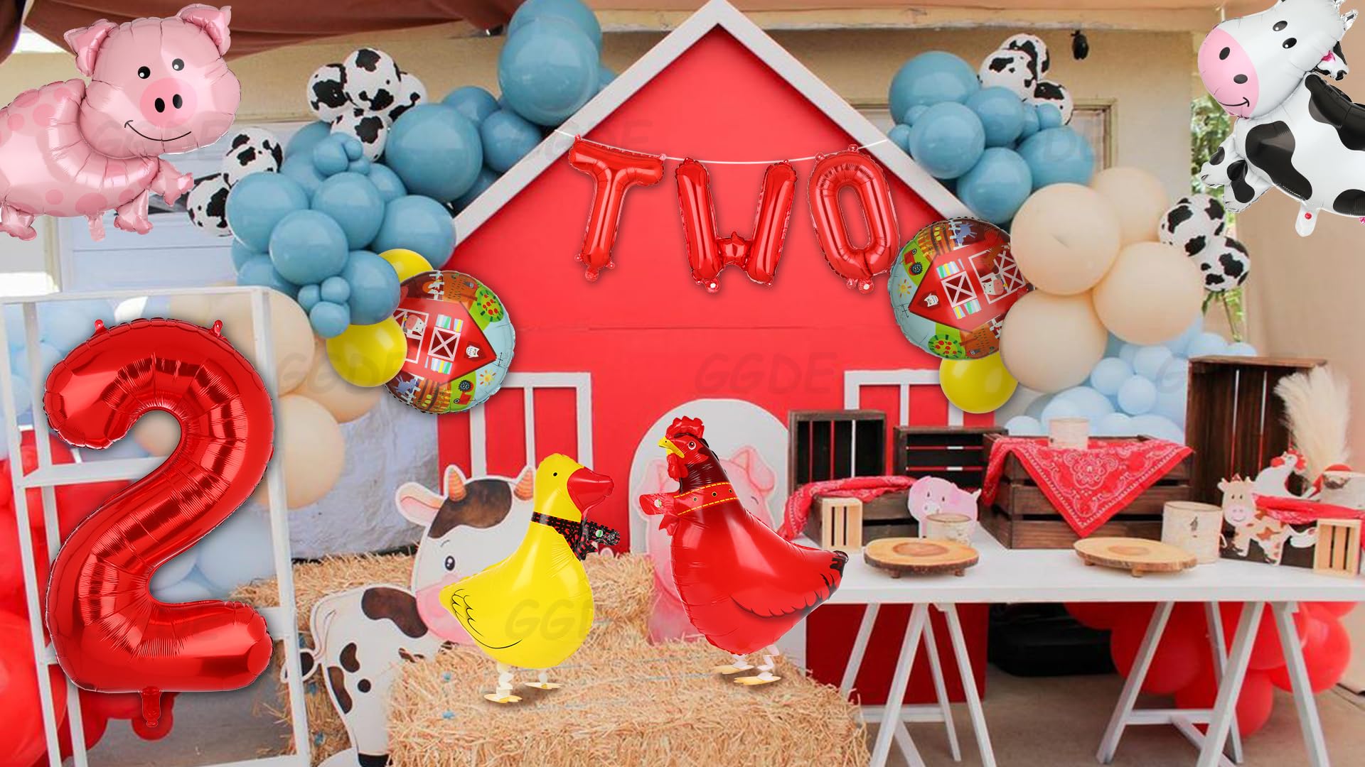 Farm Animal Balloons Cow Pig Balloon Farm Animal Theme 2nd Birthday Party Decor Supplies Walking Animal Balloons Duck Rooster Large Number 2 Balloon TWO Letter Banner Balloon 14 Pcs