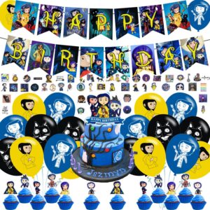 coraline party decorations,birthday party supplies for halloween coraline party supplies includes banner - cake topper - 12 cupcake toppers - 18 balloons - 50 coraline stickers