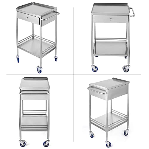 2 Layers Cart Trolley,Stainless Steel Medical Carts with Wheels,2 Layers Household Utility Carts with Drawers, Spa Esthetician Cart Rolling Lab Cart w/Wheels