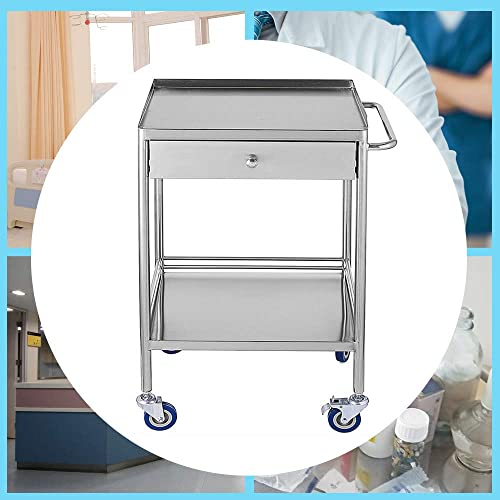 2 Layers Cart Trolley,Stainless Steel Medical Carts with Wheels,2 Layers Household Utility Carts with Drawers, Spa Esthetician Cart Rolling Lab Cart w/Wheels