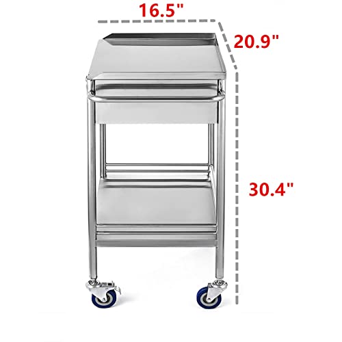 2 Layers Cart Trolley,Stainless Steel Medical Carts with Wheels,2 Layers Household Utility Carts with Drawers, Spa Esthetician Cart Rolling Lab Cart w/Wheels