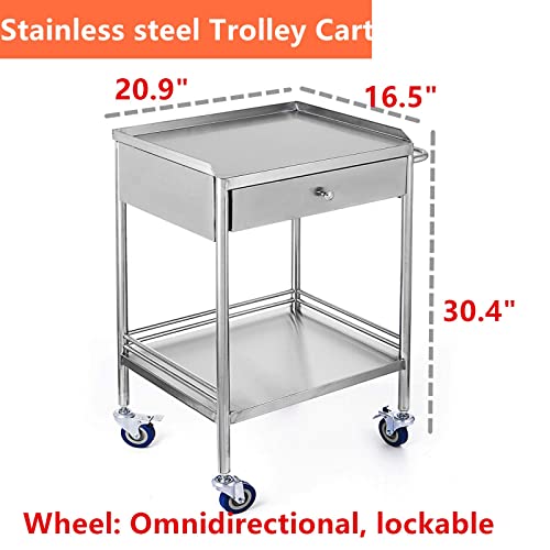 2 Layers Cart Trolley,Stainless Steel Medical Carts with Wheels,2 Layers Household Utility Carts with Drawers, Spa Esthetician Cart Rolling Lab Cart w/Wheels